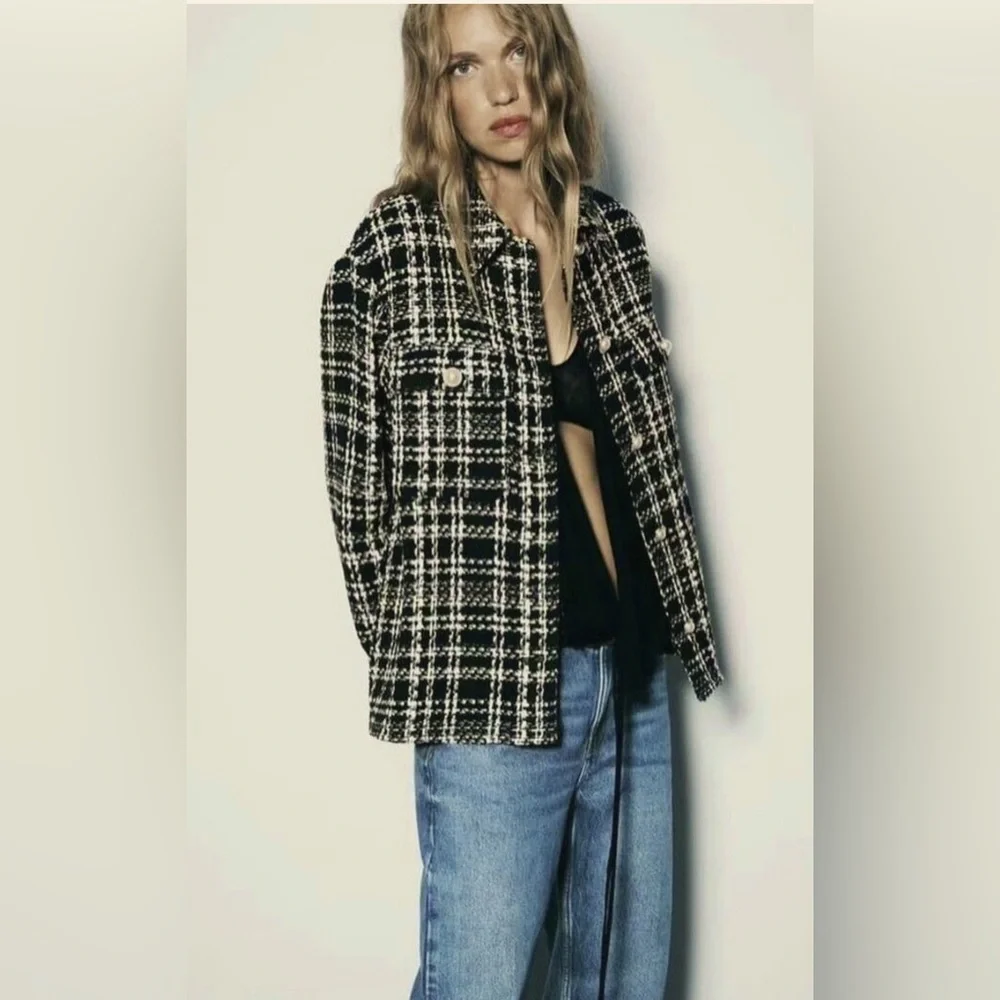 Zara | Jackets & Coats | Zara Jacket Xl Textured Plaid Oversized ...
